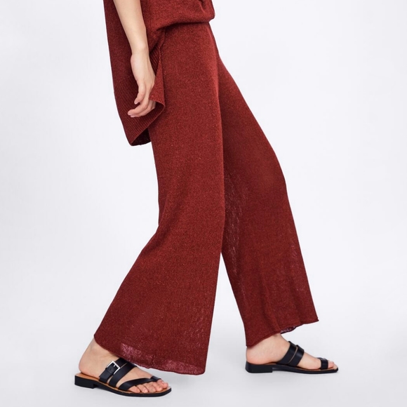 Zara | Pants & Jumpsuits | Zara Knit Linen Blend Wide Leg Culottes Rust ...